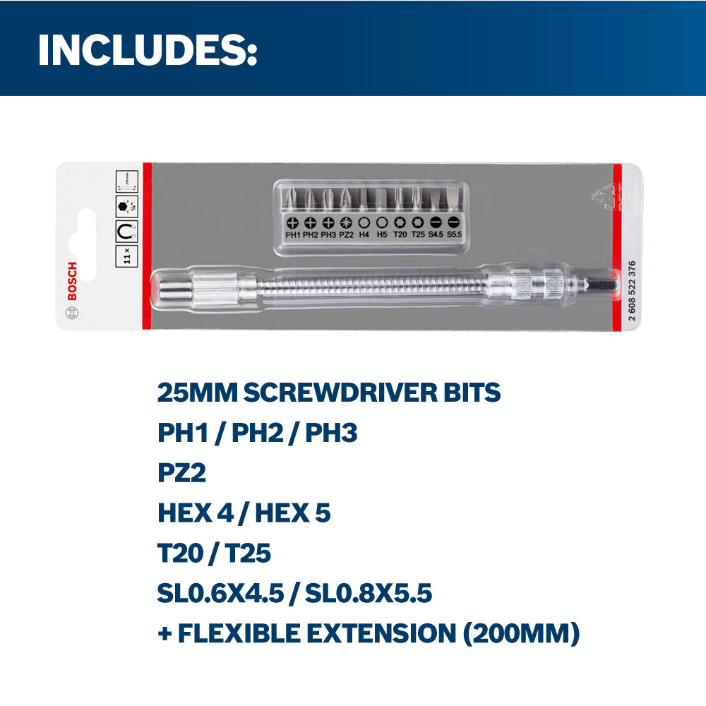 Bosch 11-piece screwdriver bit set with metal flexible extension (200m ...
